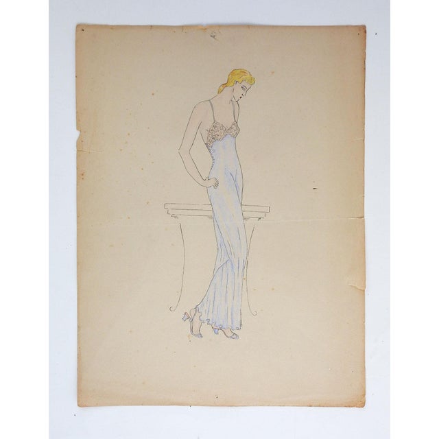 Vintage 1930's Art Deco Blue Lingerie Fashion Drawing | Chairish