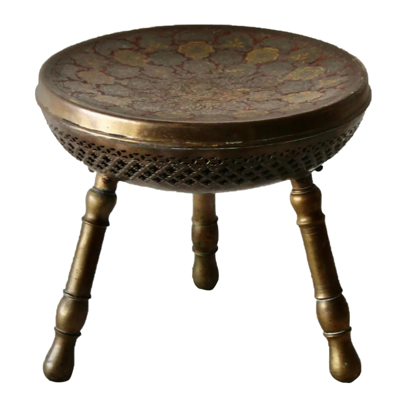 1970s Vintage Indo Persian Brass Three Leg Foot Warmer Stool Floral ...
