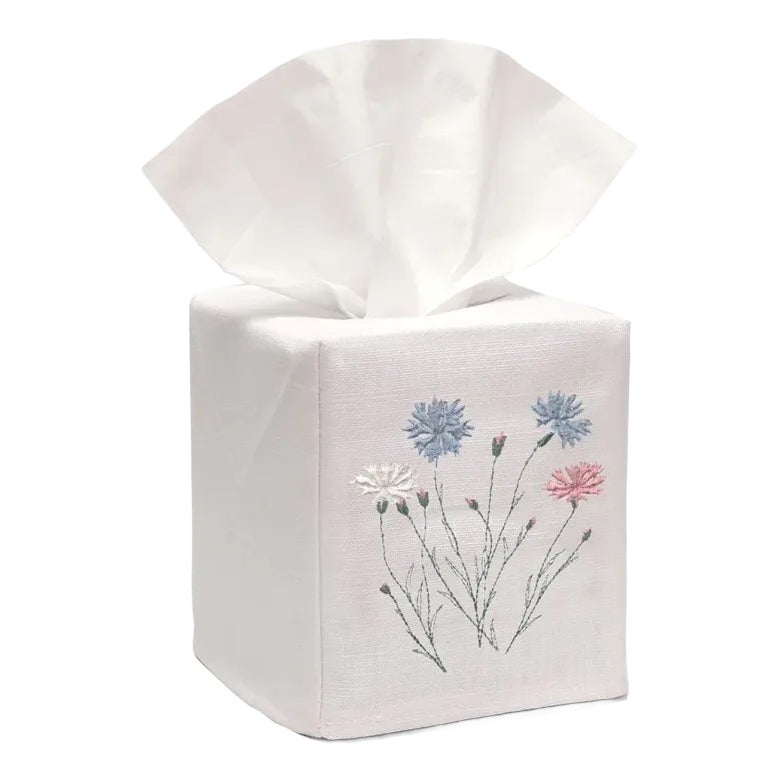 Wildflowers Tissue Box Cover in White Linen & Cotton, Embroidered ...