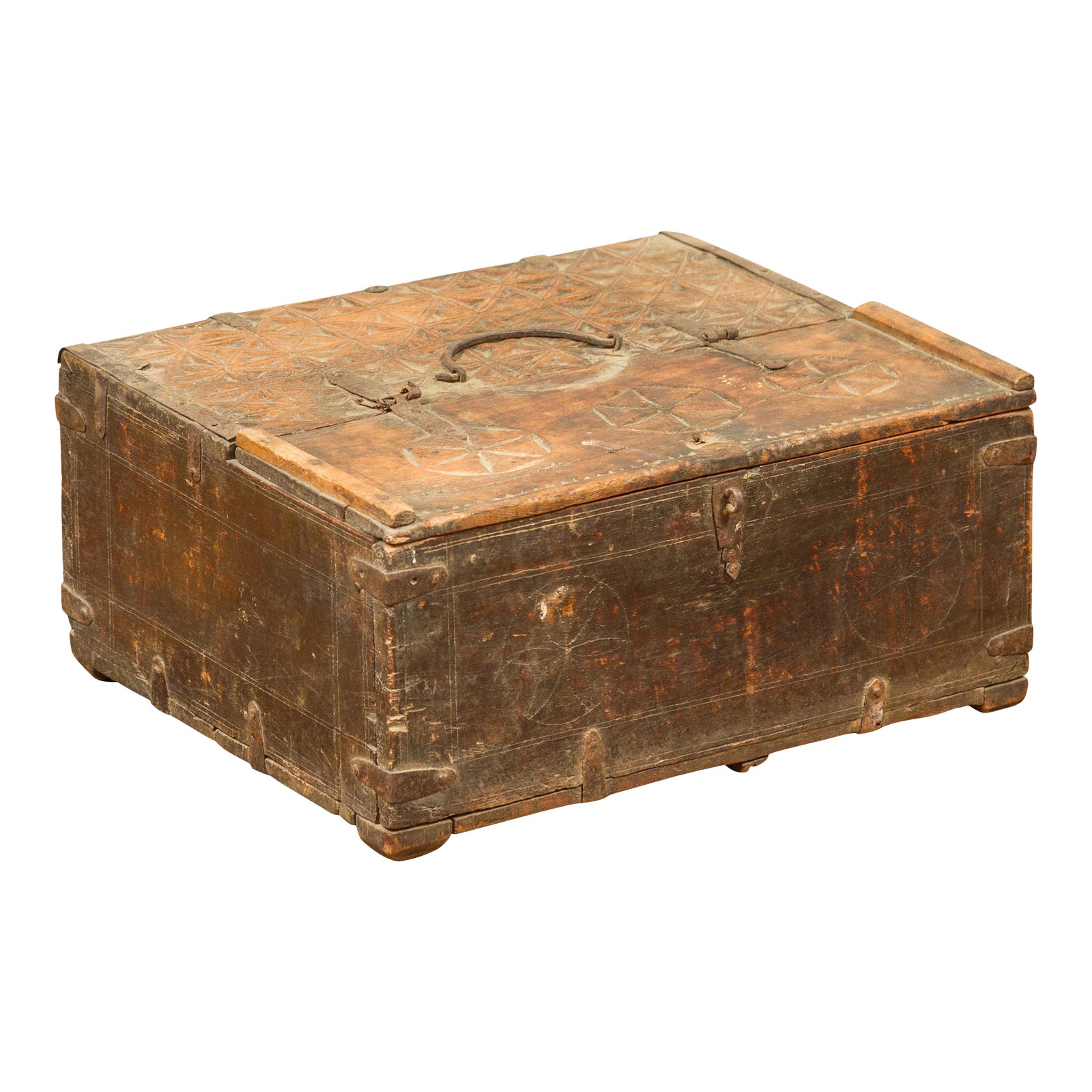 Indian Antique Wooden Dowry Box with Geometric Motifs and Weathered ...