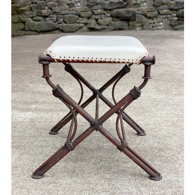 Vintage Safari Leather & Wrought Iron Footstool Bench Ottoman | Chairish