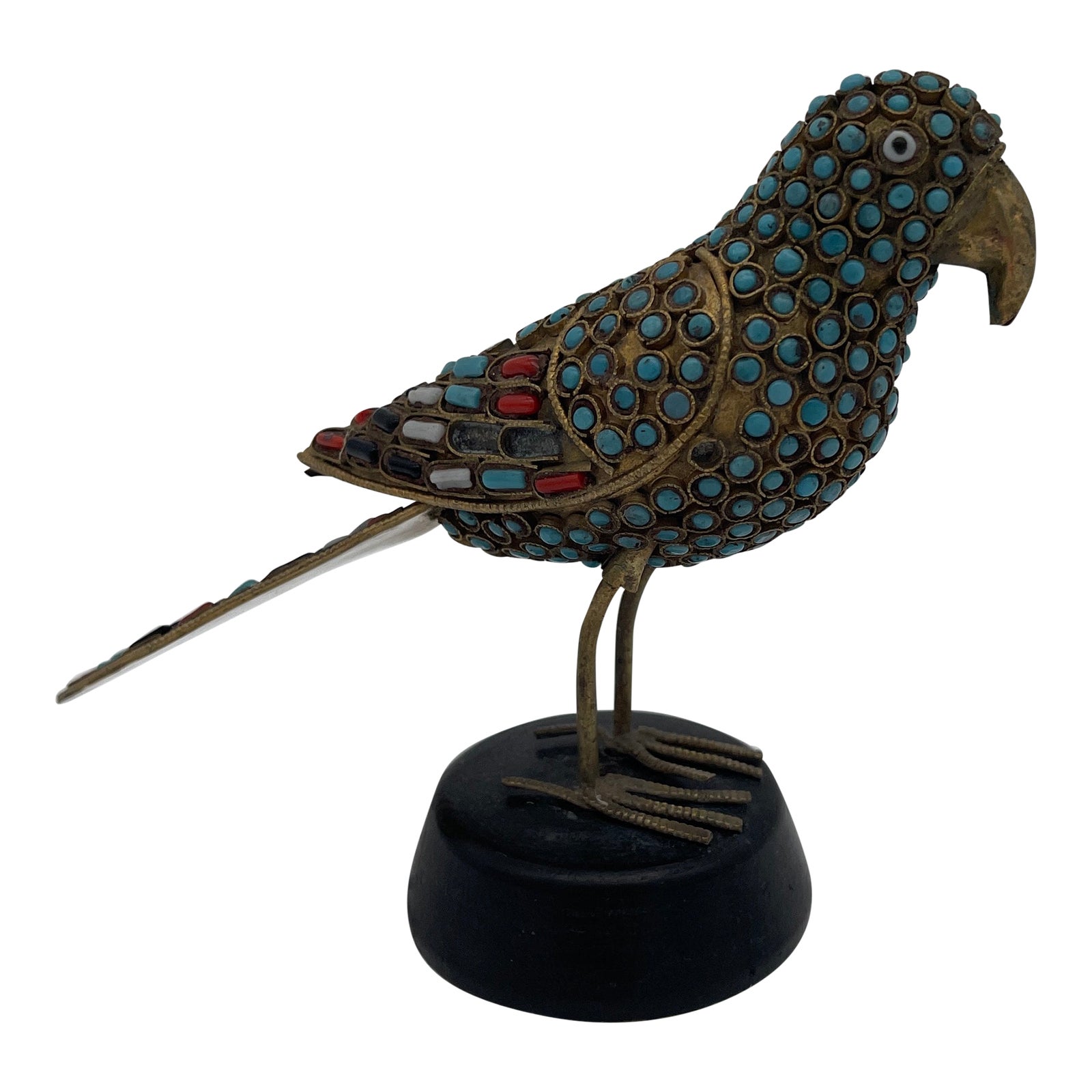 Coral & Turquoise Colored Glass Gemstone Bird | Chairish