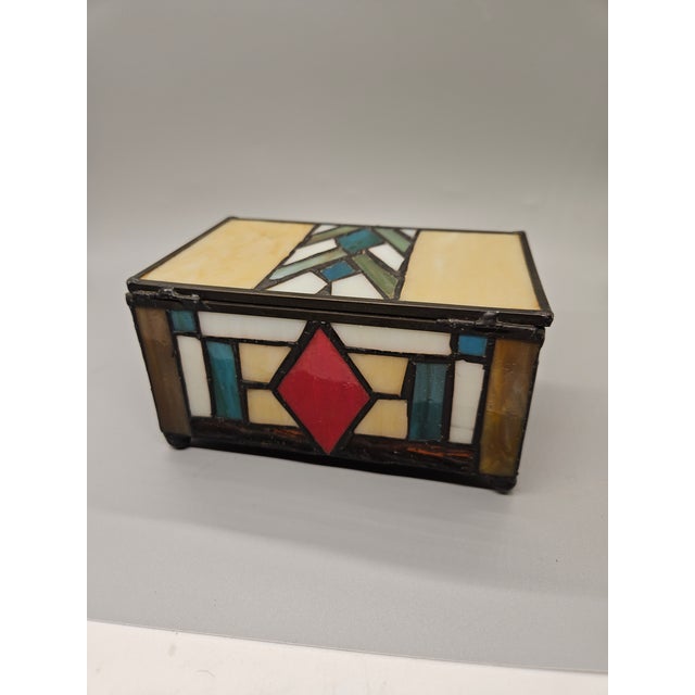 Vintage MCM Stained Glass Trinket Box Tiffany Style Jewelry W/Chain ...