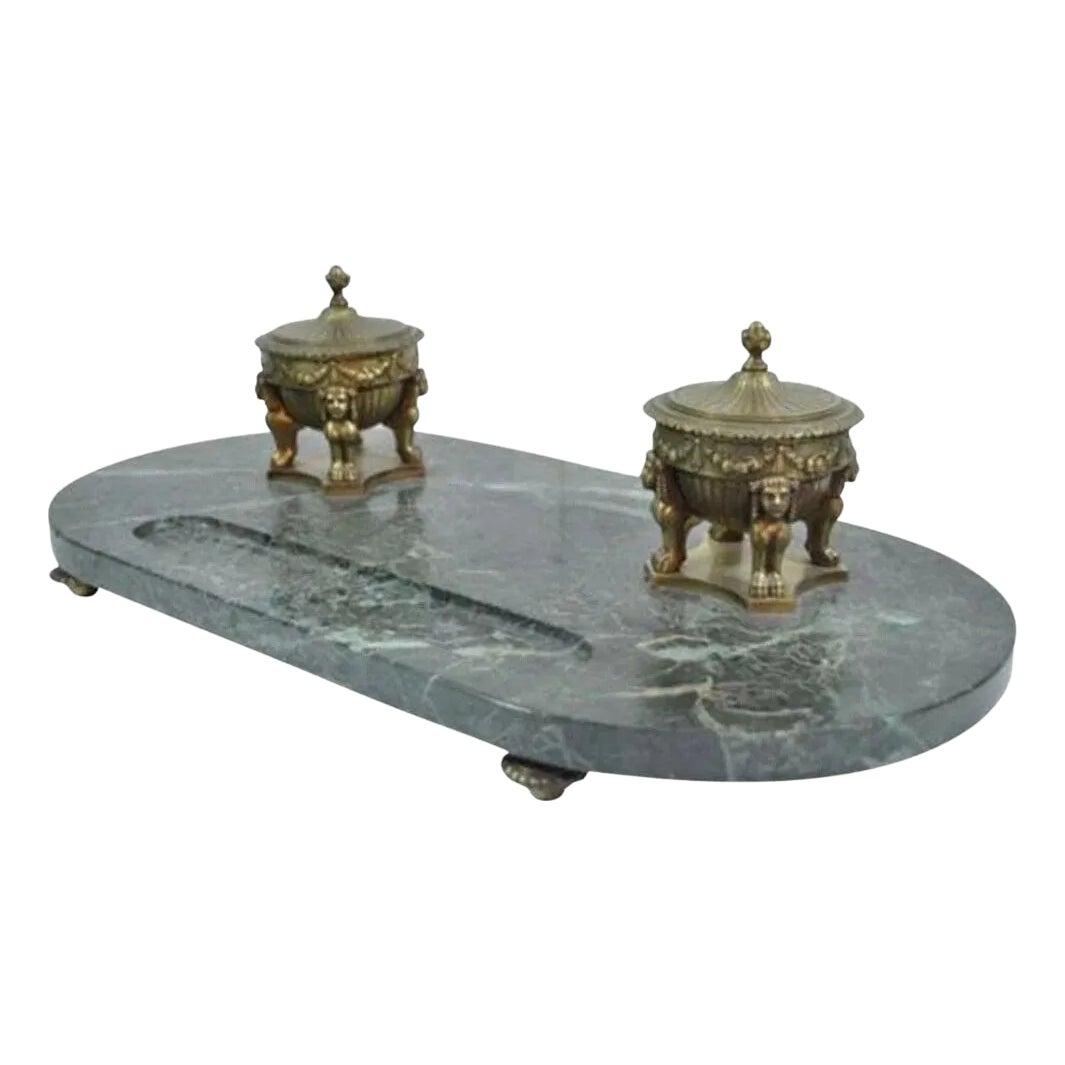 Antique French Empire Figural Bronze Sphinx Green Marble Desk Top Double Inkwell | Chairish