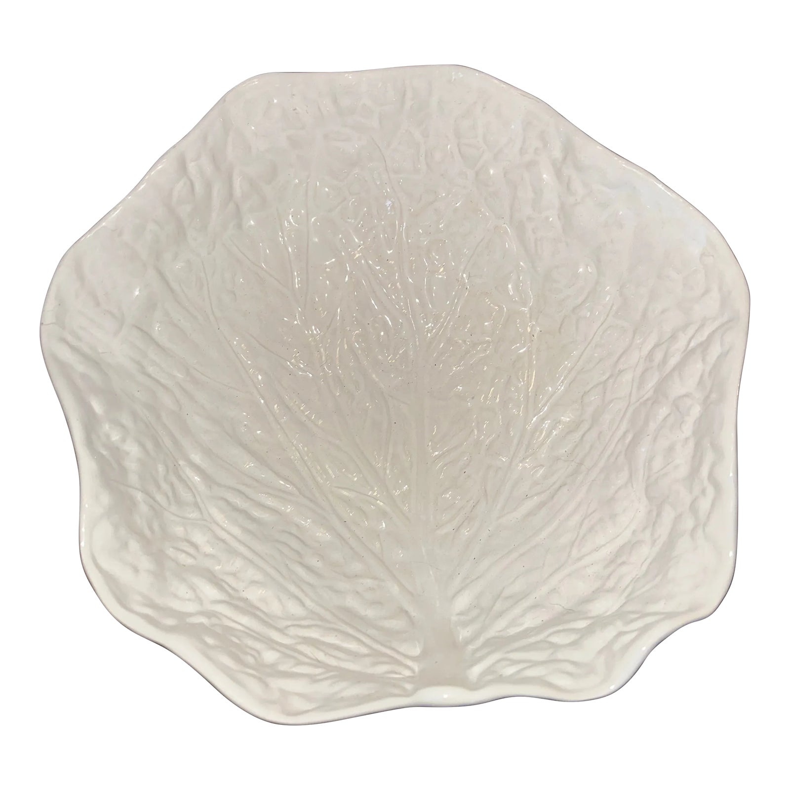 Vintage Majolica Cabbage Ware Serving Bowl Lettuce Leaf White With Feet ...