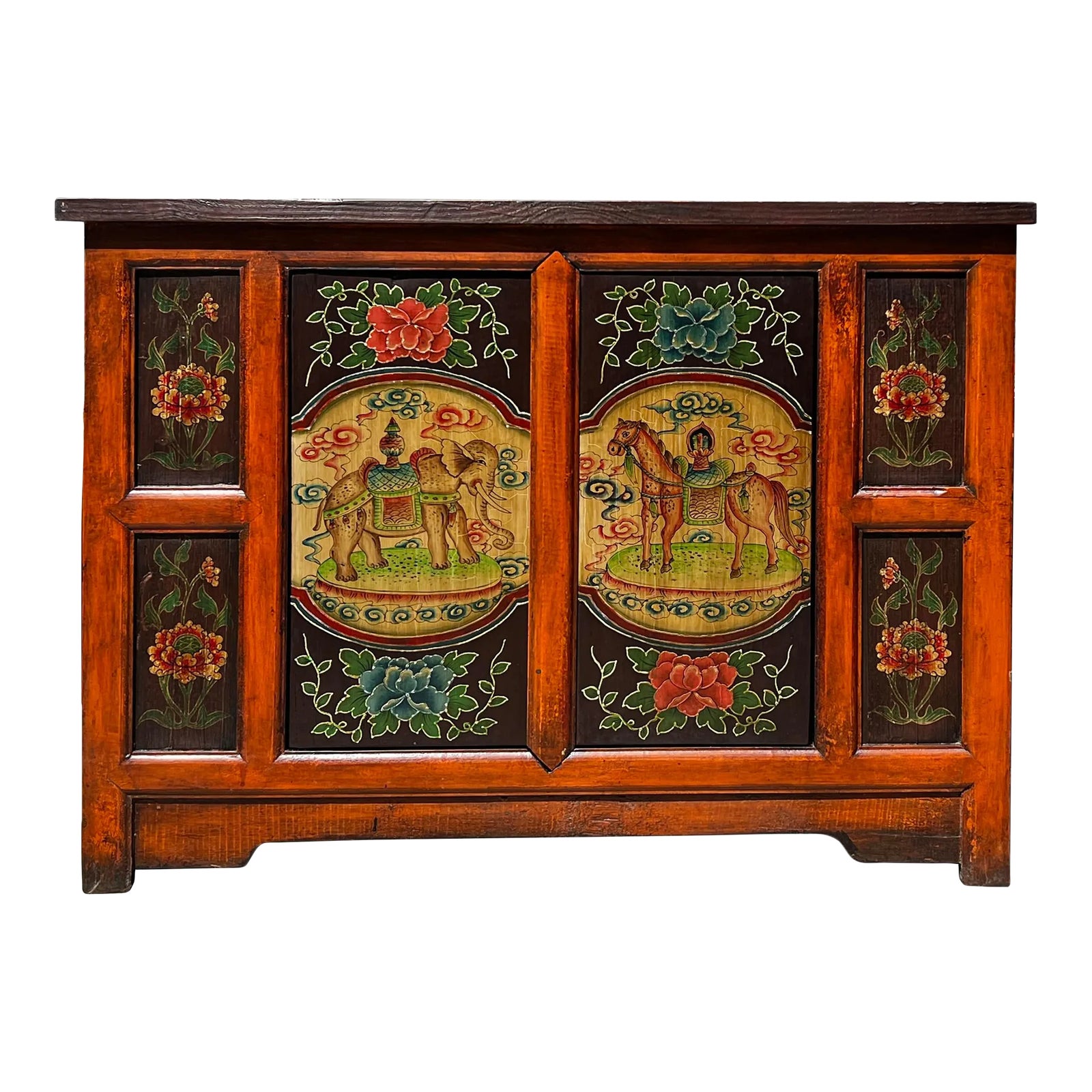 Chinese Orange Tibetan Elephant Horse Sideboard Console Table Cabinet ...