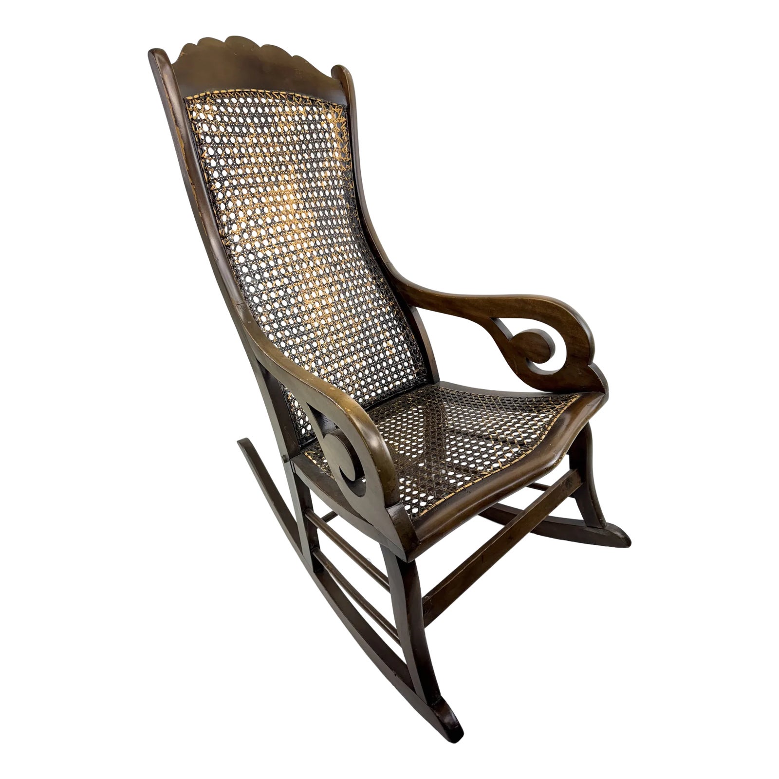 Antique Late 19th Century Cane-Back Rocking Chair With Carved Scroll ...
