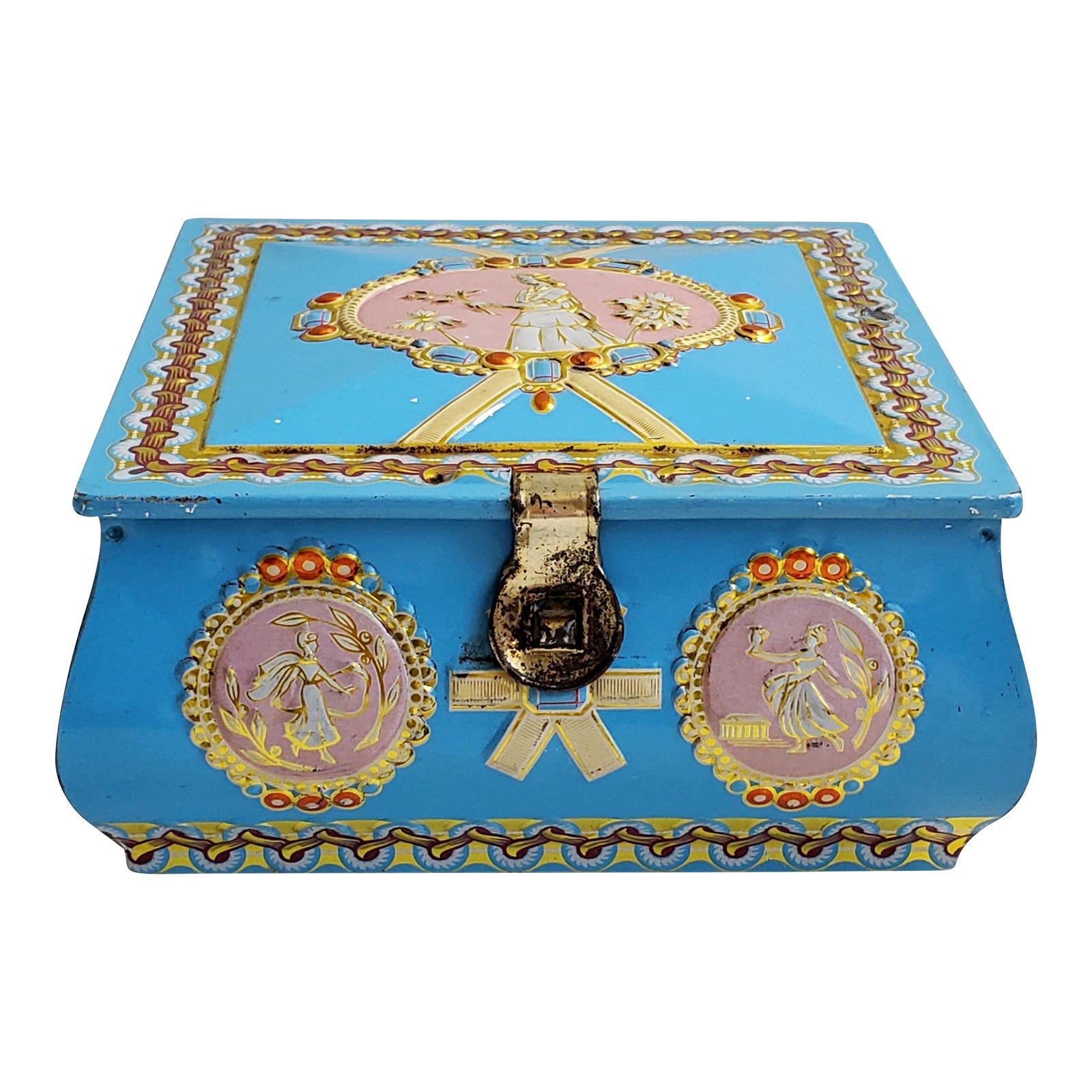 Antique French Blue Embossed Tin Confection or Biscuit Box | Chairish