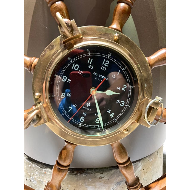 Vintage Art Temple Ship’s Helm With Solid Brass Porthole Clock | Chairish