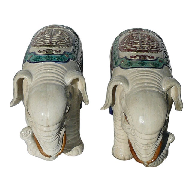 Chinese Ceramic White Oriental Elephants - A Pair | Chairish