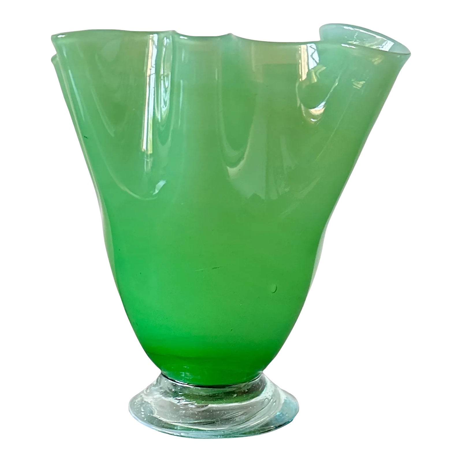 Vintage Green Art Glass Cased Ruffle Rim Vase | Chairish