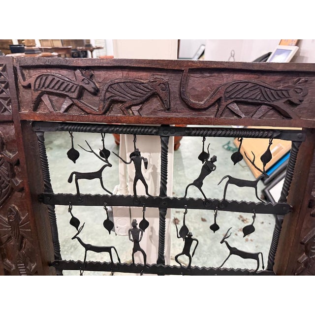 Hand-Carved Wooden & Wrought Iron Tribal Wall Panel / Window Grille ...