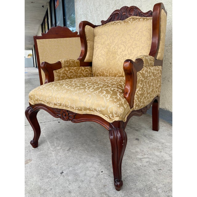 1920s Carved Mahogany French Library Silk Wingback Chairs - Set of 2 ...