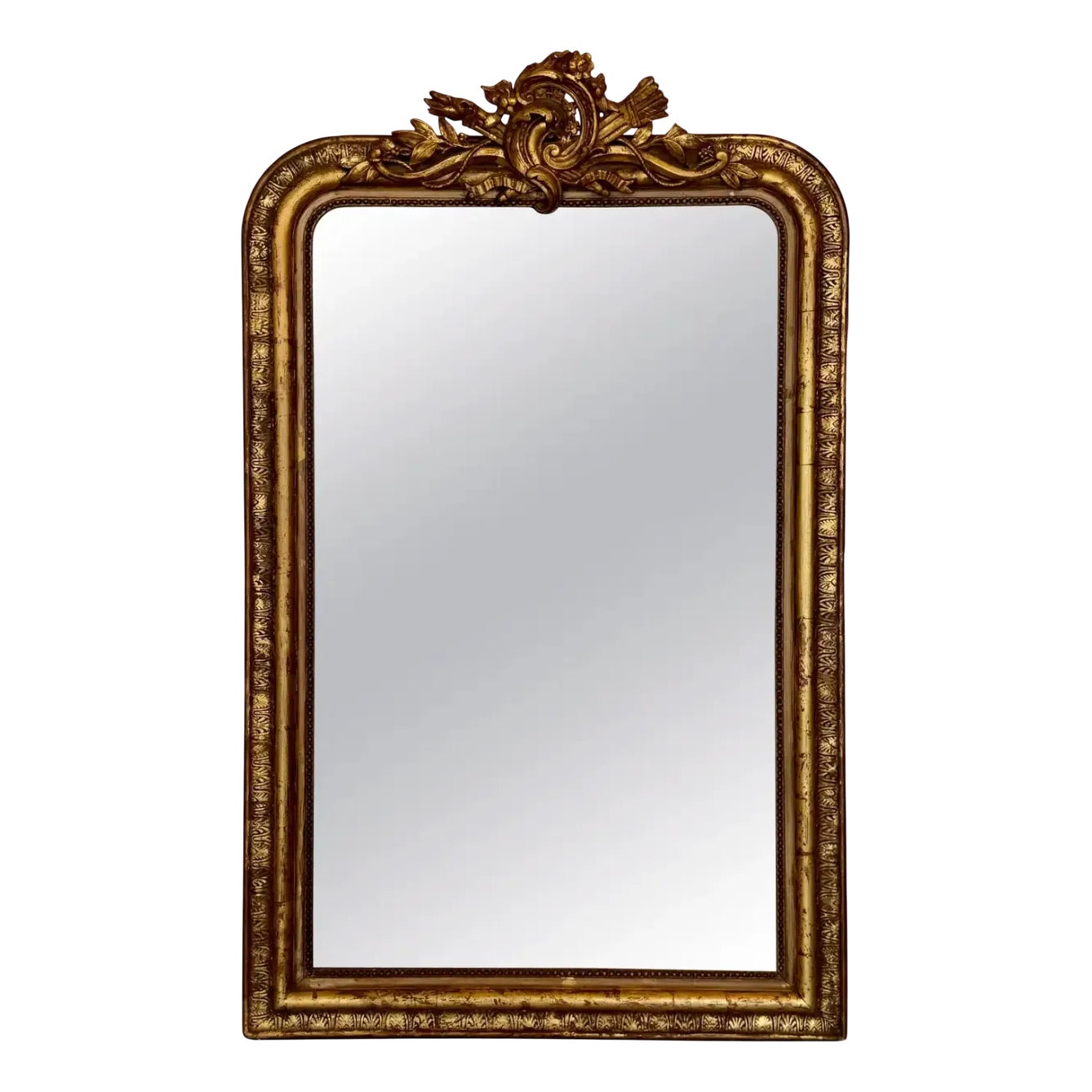 Large French Vertical Gilt Mirror with Floral Crest, 1890s | Chairish