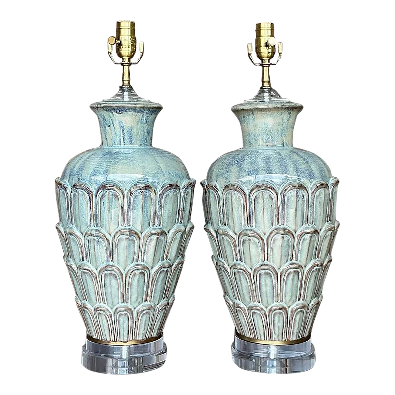 Vintage Boho Glazed Ceramic Arch Lamps - a Pair | Chairish