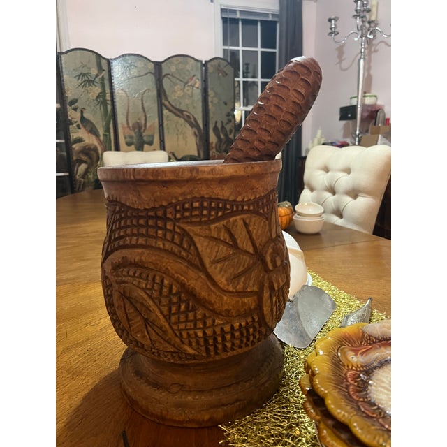 Hand Carved Vintage Detailed Wooden Mortar and Pestle | Chairish