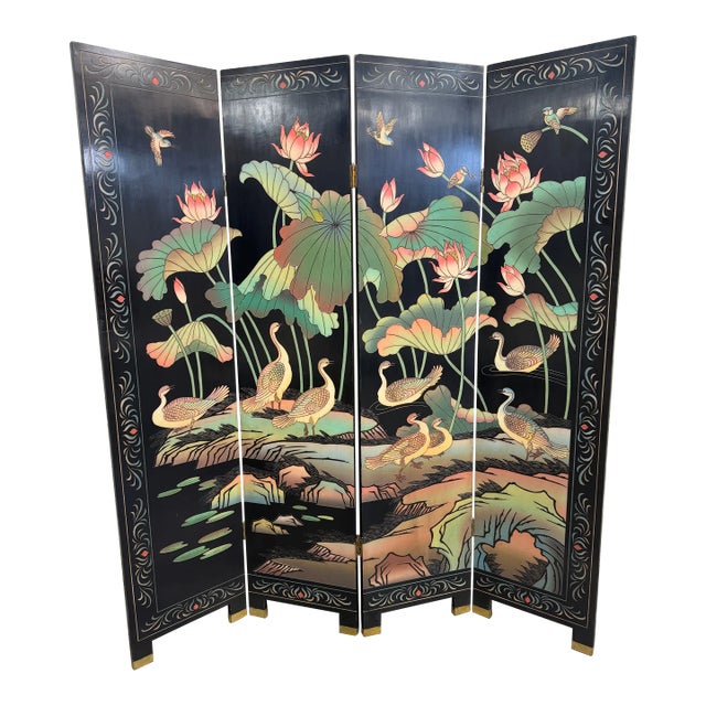 Asian Chinoiserie Coromandel 4-Panel Screen Room Divider | Chairish
