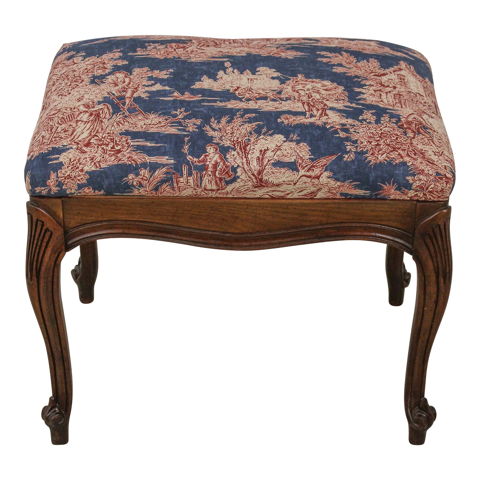 French Louis XV Oak Frame Toile Upholstered Ottoman | Chairish