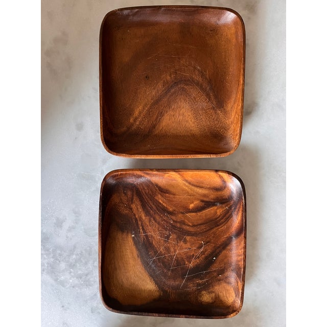 Set of 7 Vintage Square Monkeypod Wood Plates | Chairish