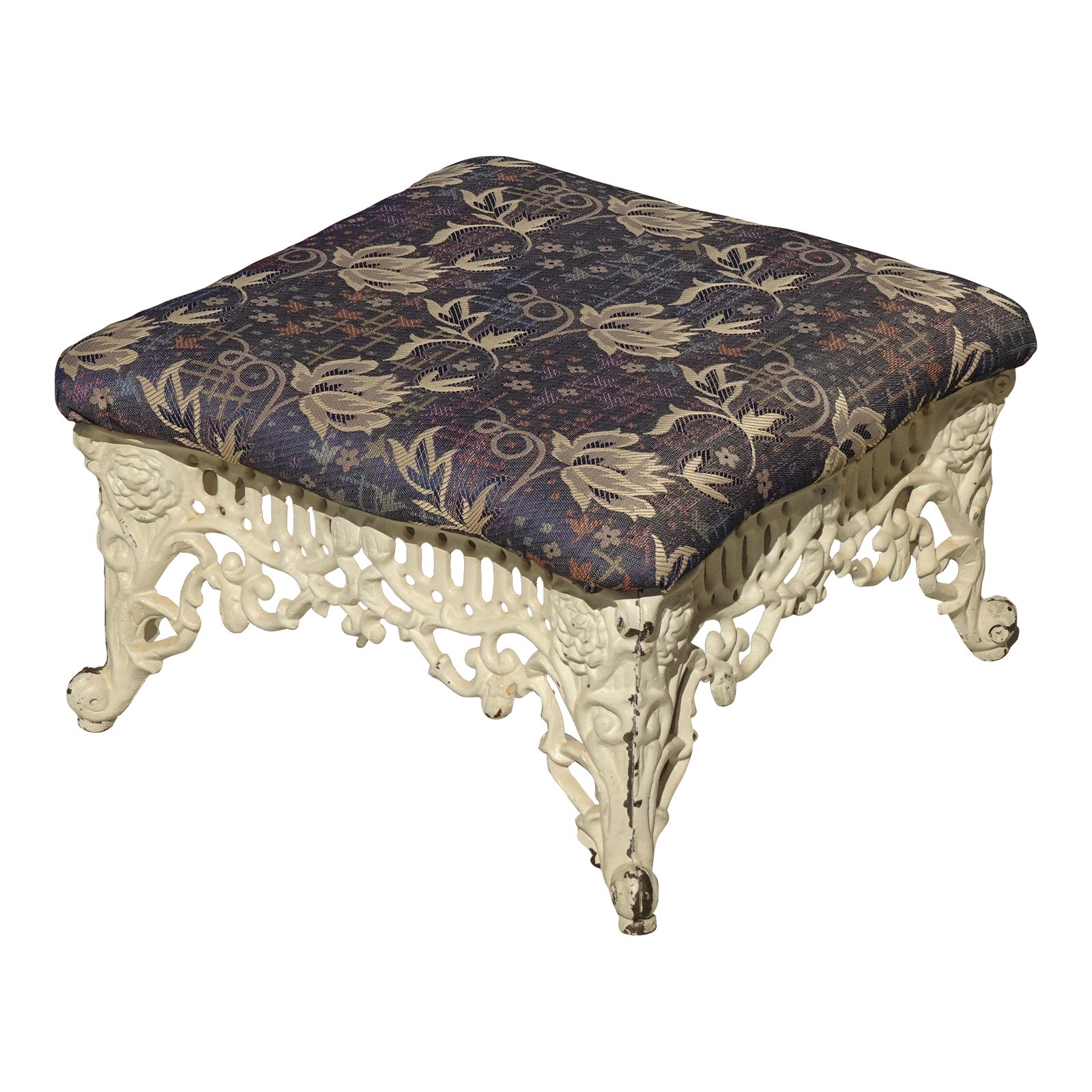 Vintage French Country Farmhouse White Cast Iron Footstool W Floral ...