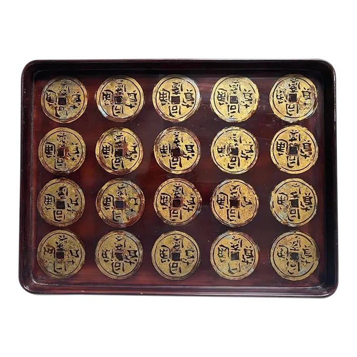 Vintage Mid-Century Lacquer Vietnam Coins Tray Signed | Chairish