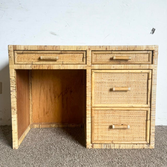 Boho Chic Wicker Wicker Writing Desk | Chairish