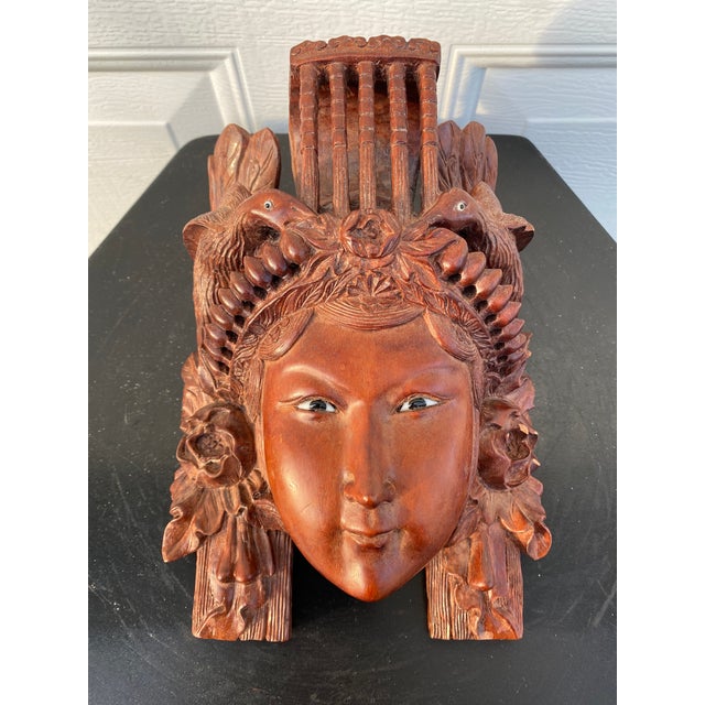 Vintage Chinese Carved Wood Head Sculpture | Chairish