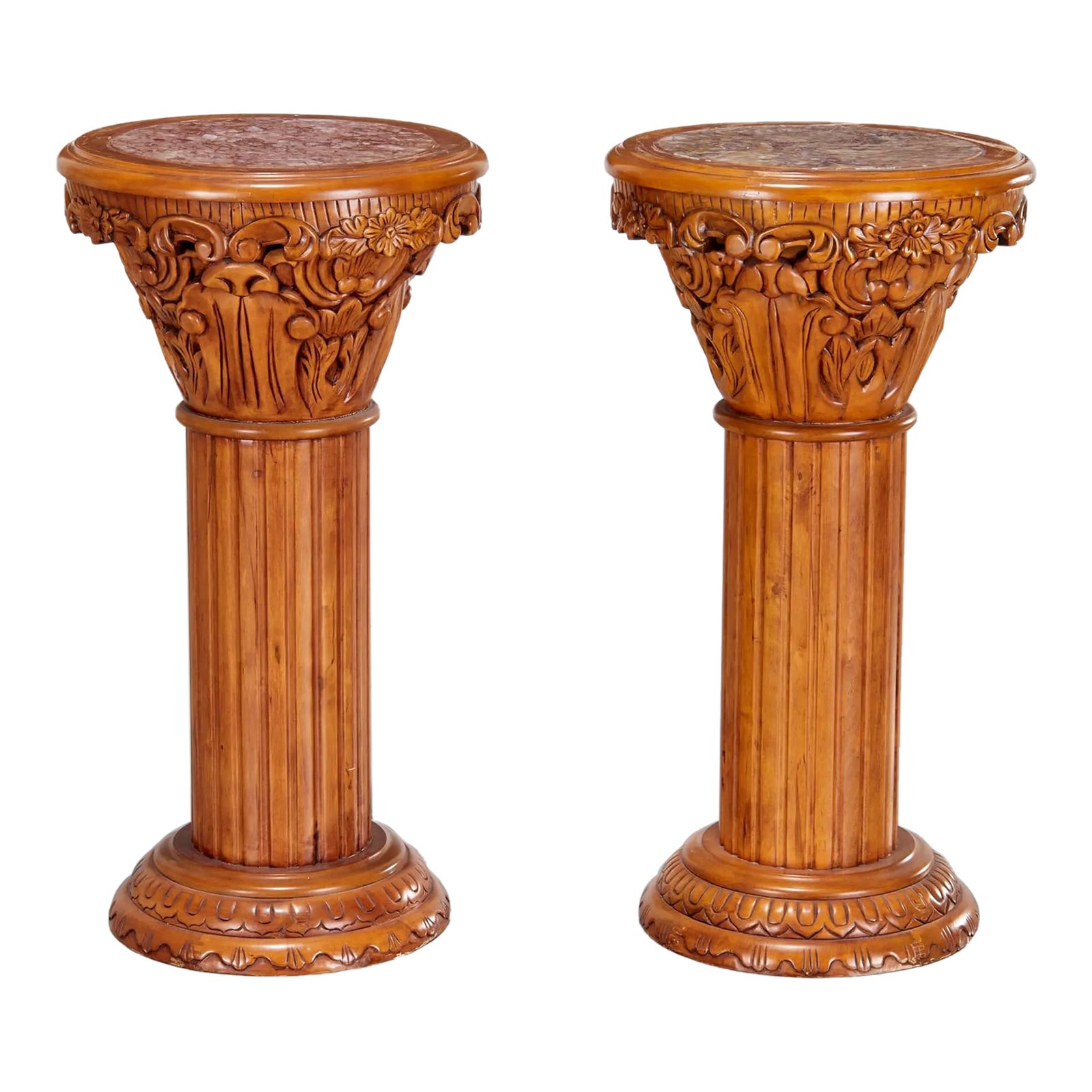 Pair of 1980s Corinthian Column Fruitwood Side Tables With Inset Breche ...