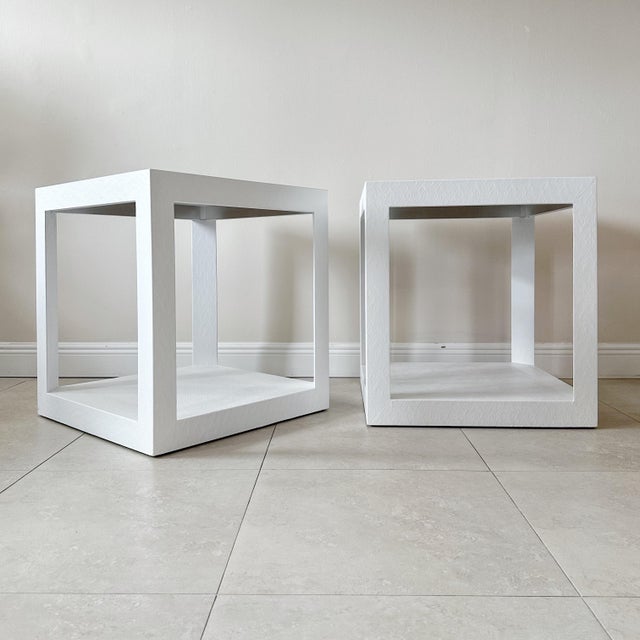 Pair 1970's Linen Wrapped White Lacquered Side Tables | Chairish