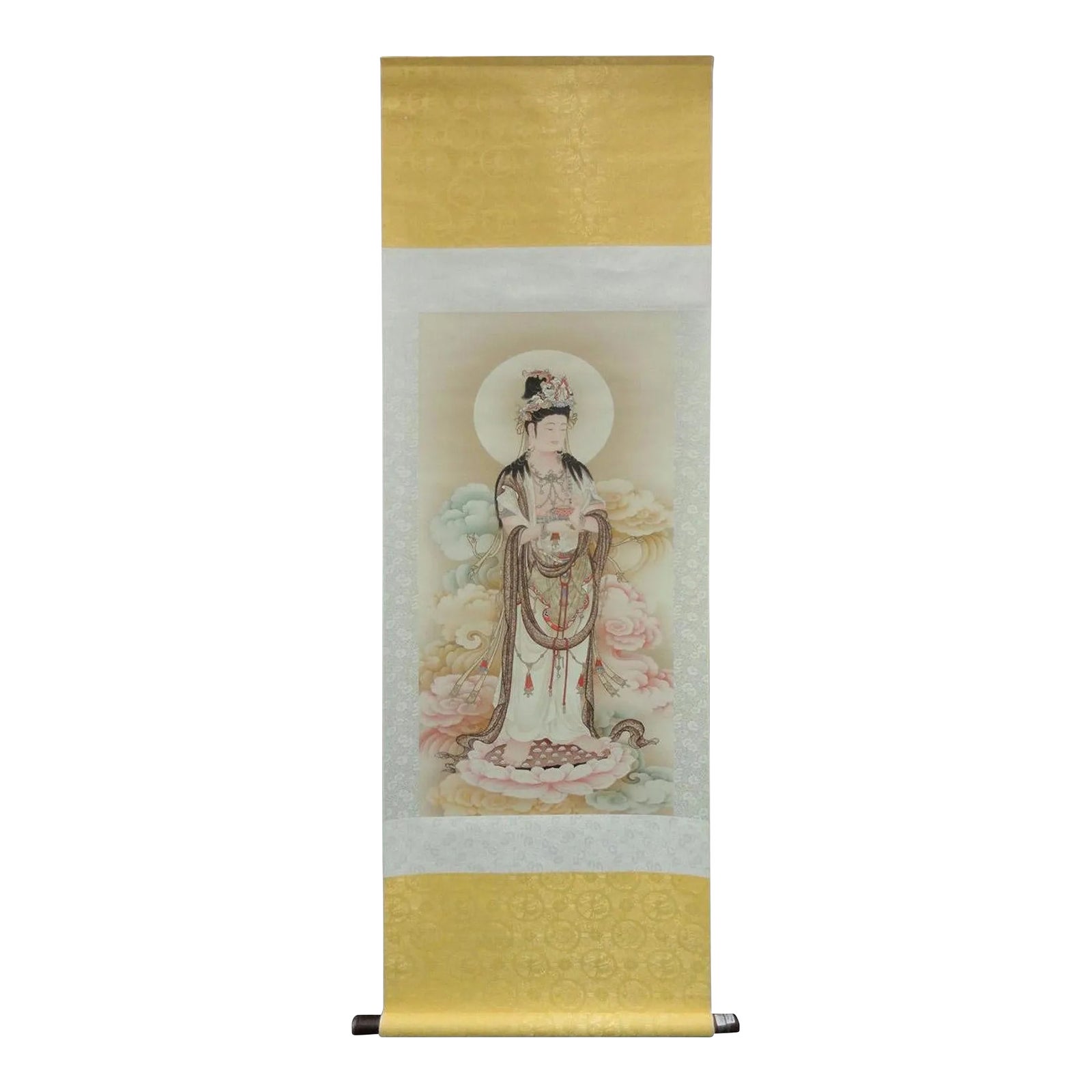 Chinese Hand Painted Lotus Kwan Yin Motif Scroll Painting Jz190s | Chairish