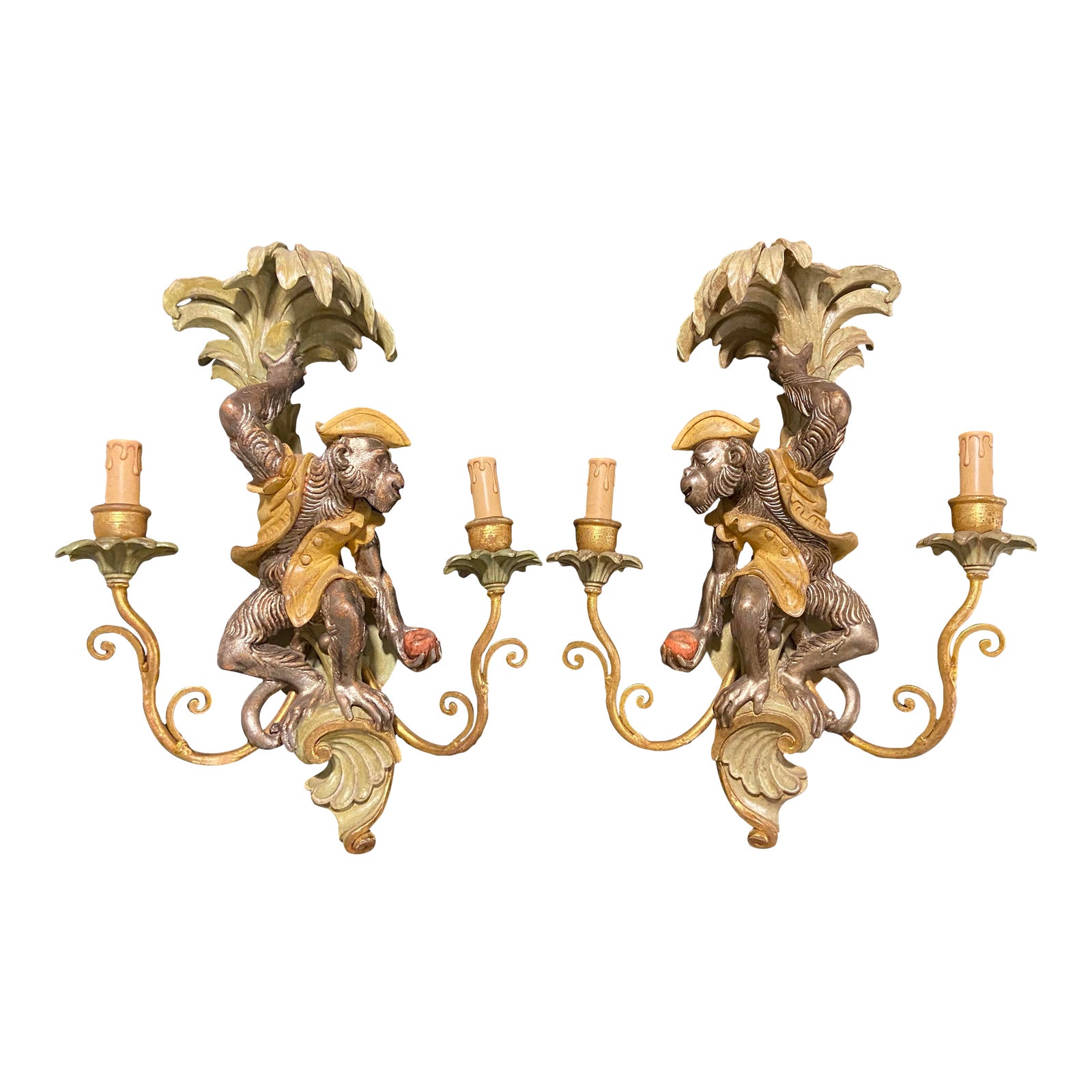 Vintage Hand Carved Italian Monkey Wall Sconces C. 1960’s - A Pair ...