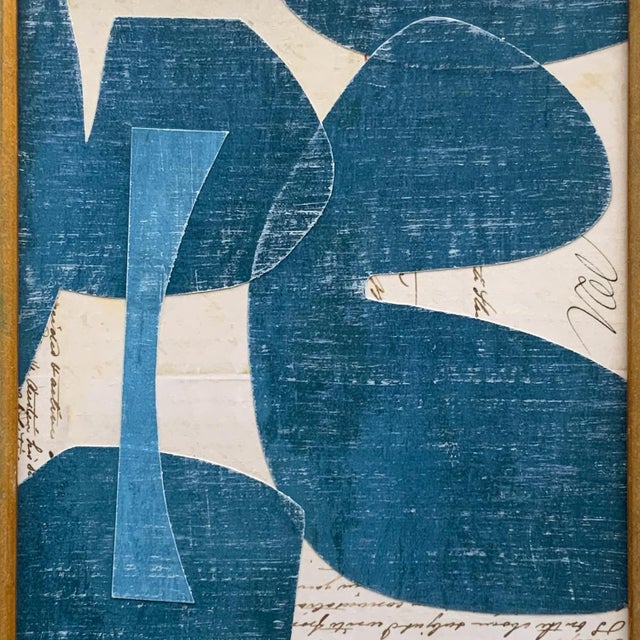 Contemporary Blue Abstract Collage in Vintage Gold Frame | Chairish