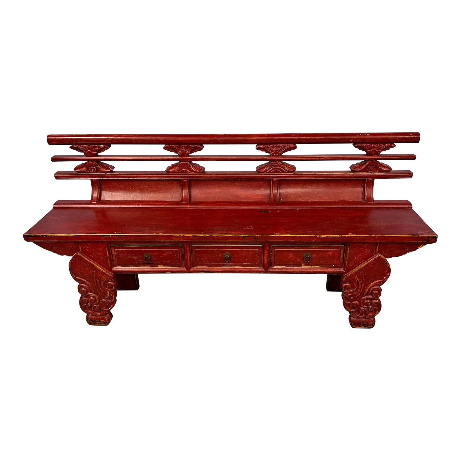 Red Lacquer Chinoiserie Bench W/ Storage Drawers | Chairish
