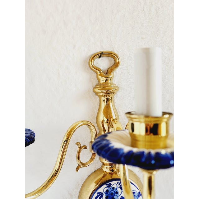 Dutch Delft Blue Porcelain & Brass Wall Sconces-A Pair | Chairish