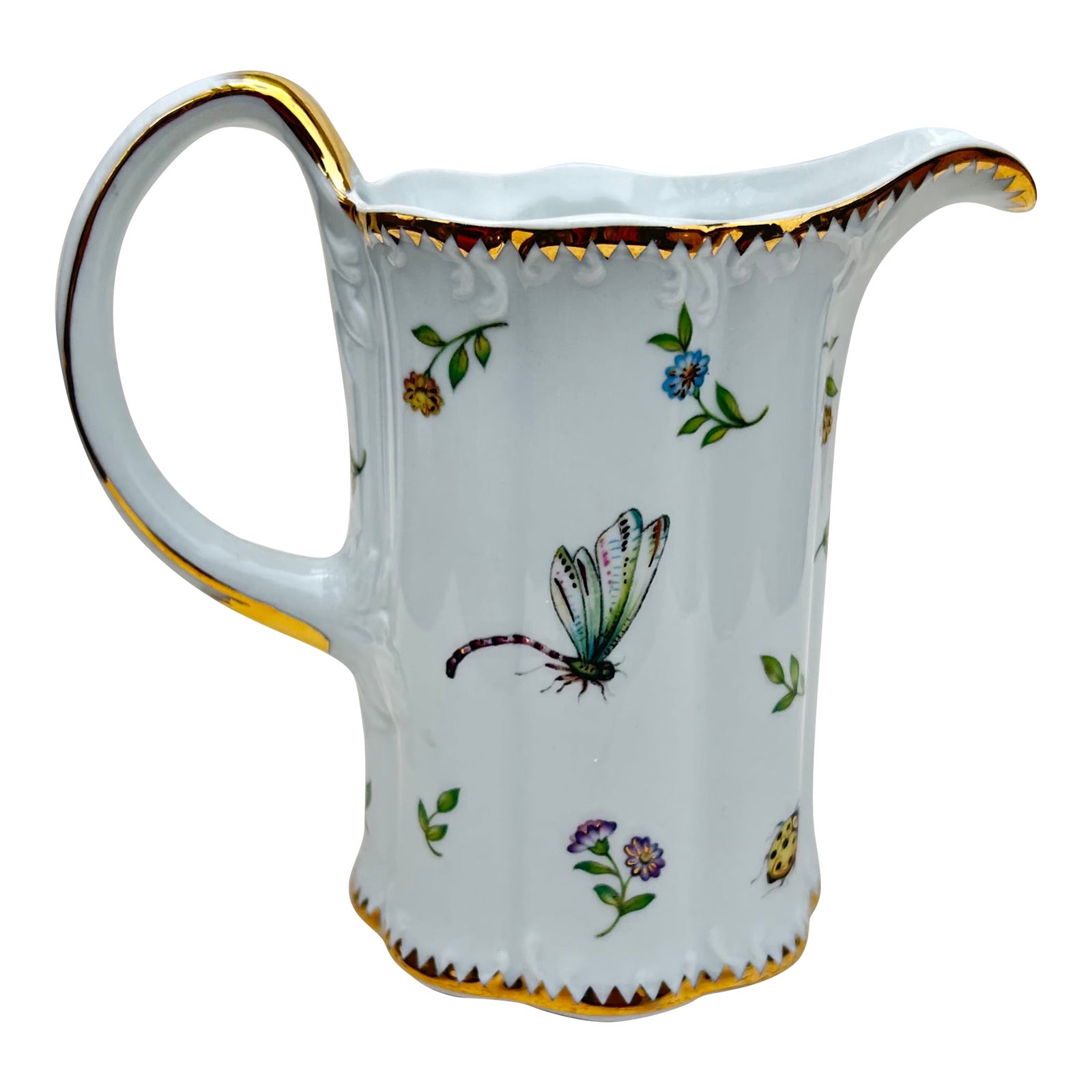 Vintage Porcelain Dragonfly Pitcher W/ 22k Gold Trim | Chairish