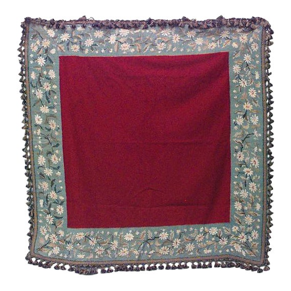 American Victorian Maroon and Blue Needlepoint Table Cover | Chairish