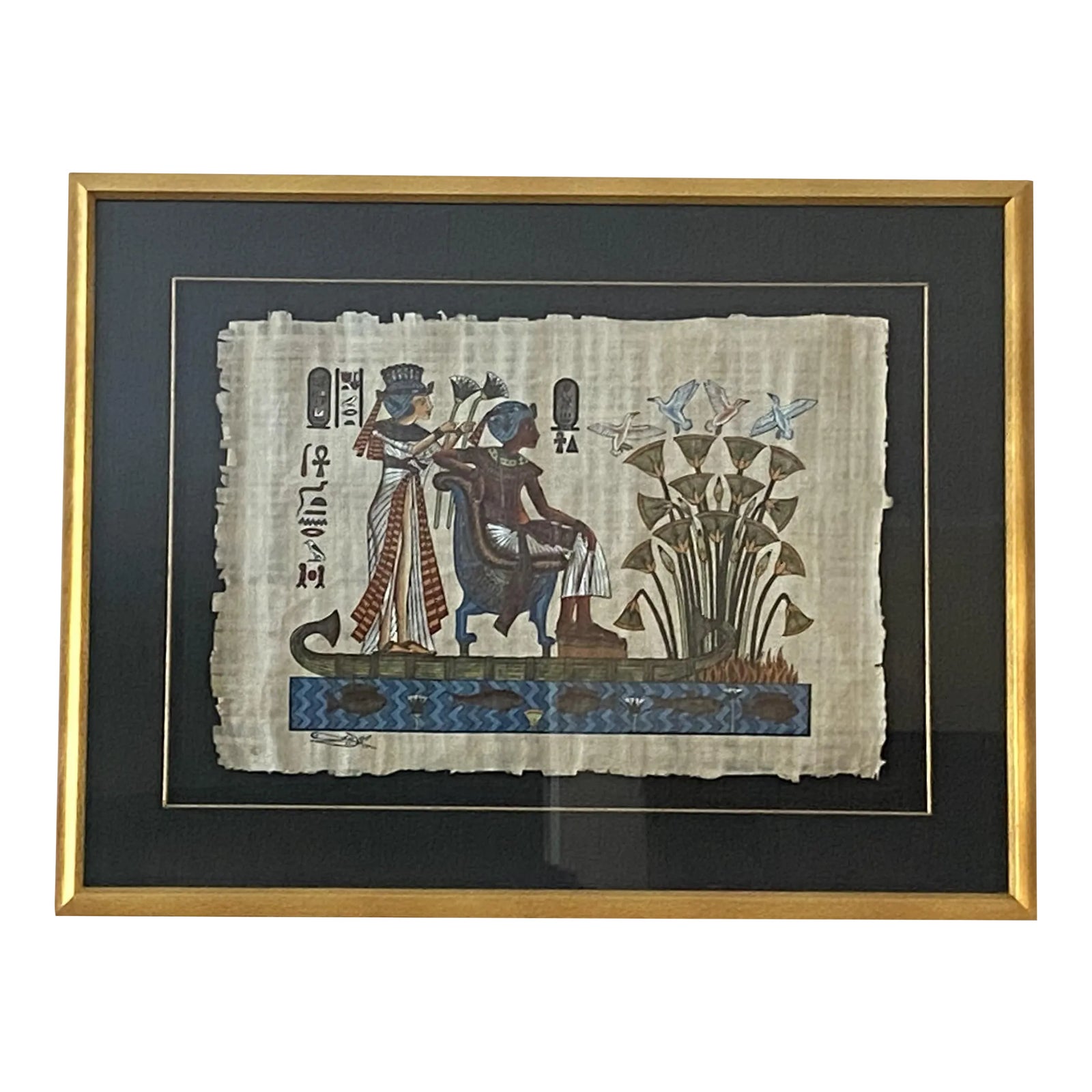 Egyptian Tutankhamun Painting on Papyrus - Framed & Signed | Chairish