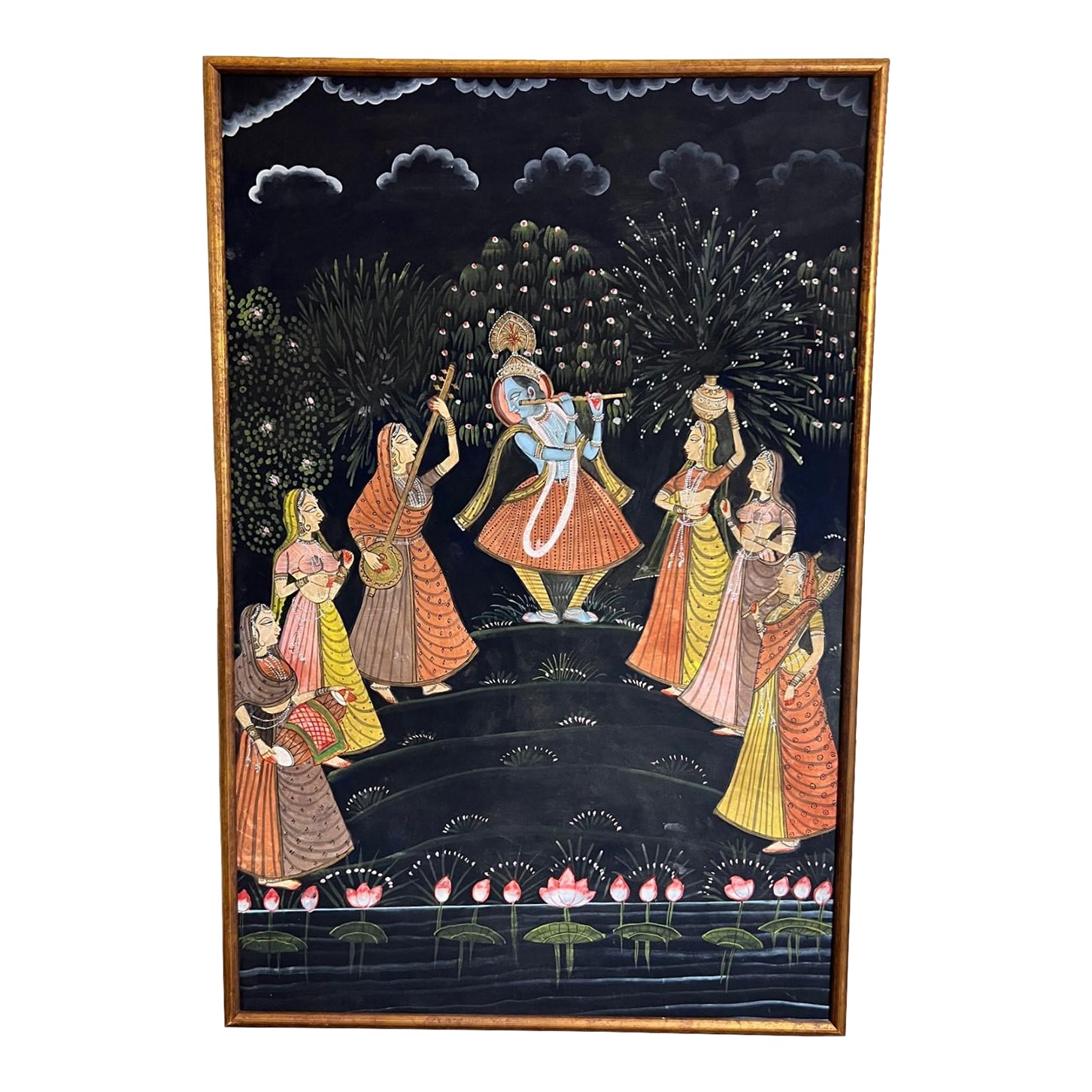 Vintage Framed Pichhavai Painting of Krishna Playing His Flute | Chairish