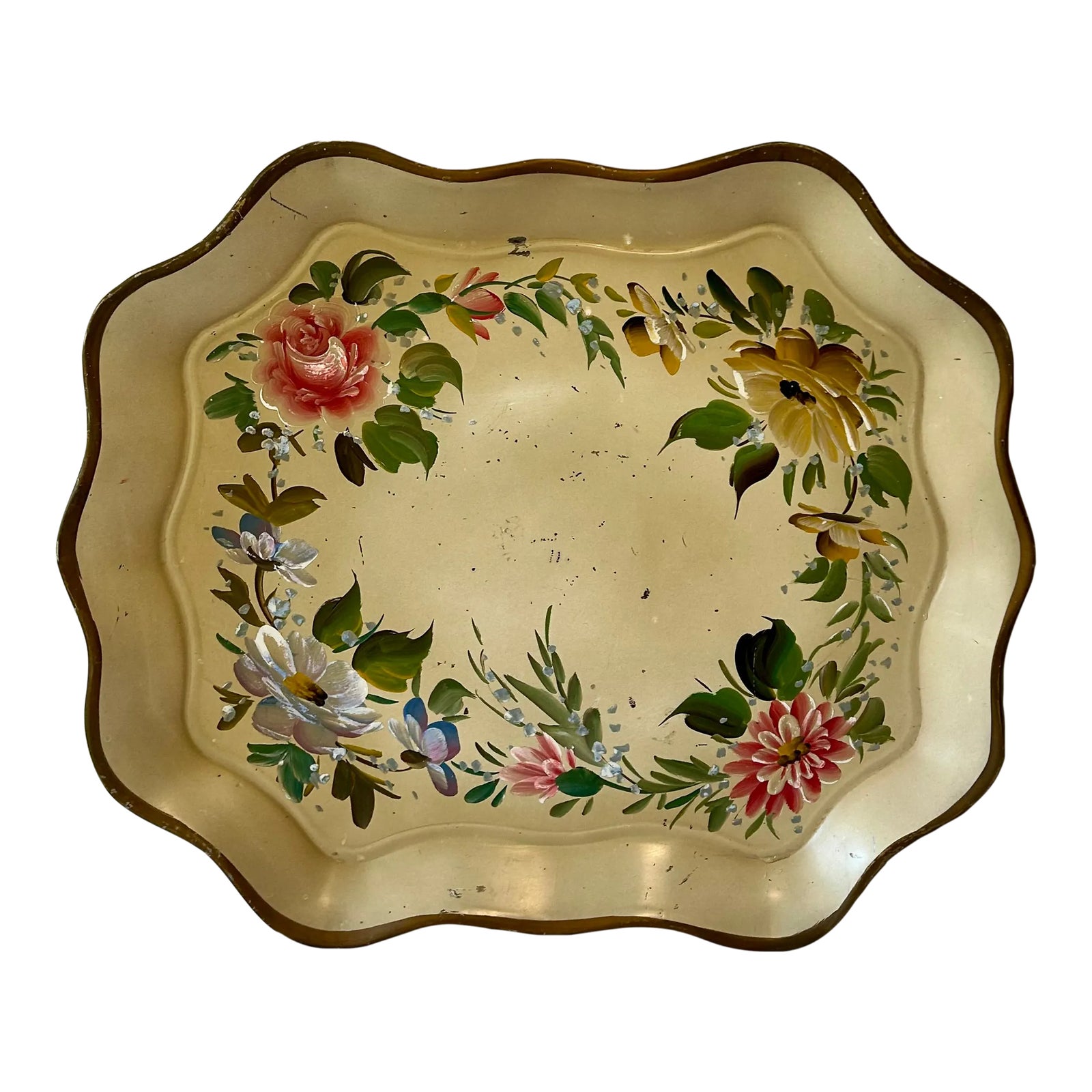 1940's Shabby Chic Tole Floral Metal Tray | Chairish