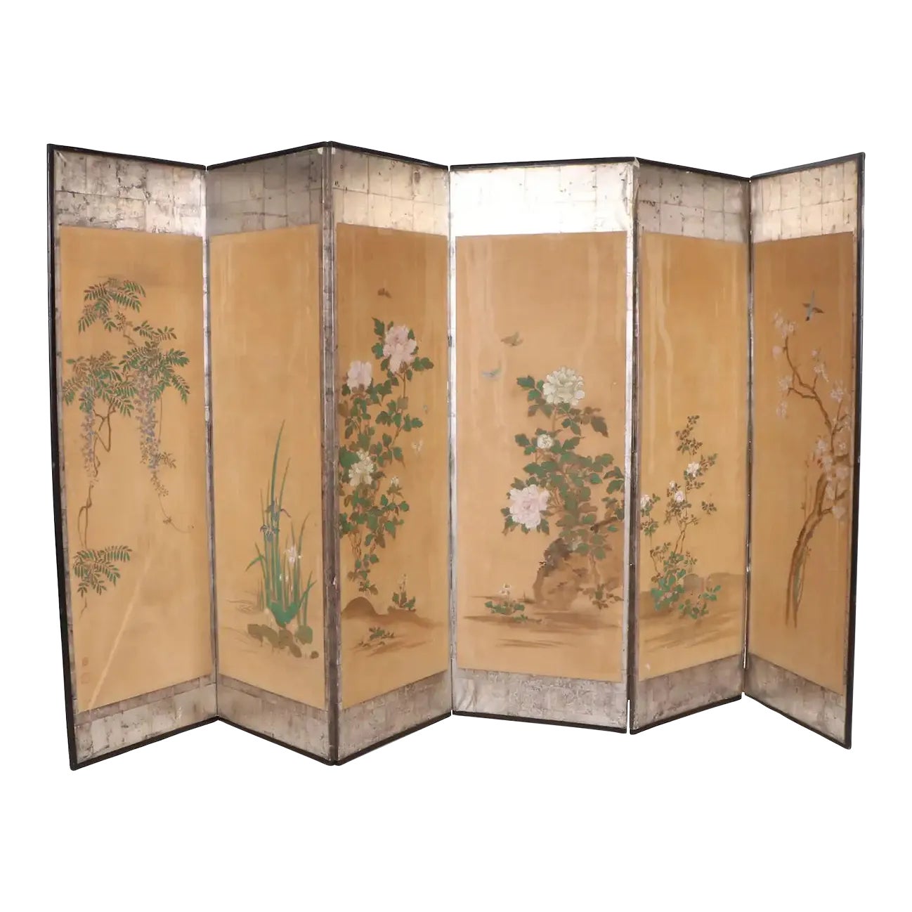 Late 19th C Japanese 6 Panel Screen Silver Flowers Seasons Folding ...