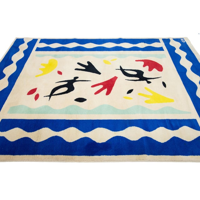 Vintage Arts & Crafts Ivory Wool Rug With Abstract Design | Chairish