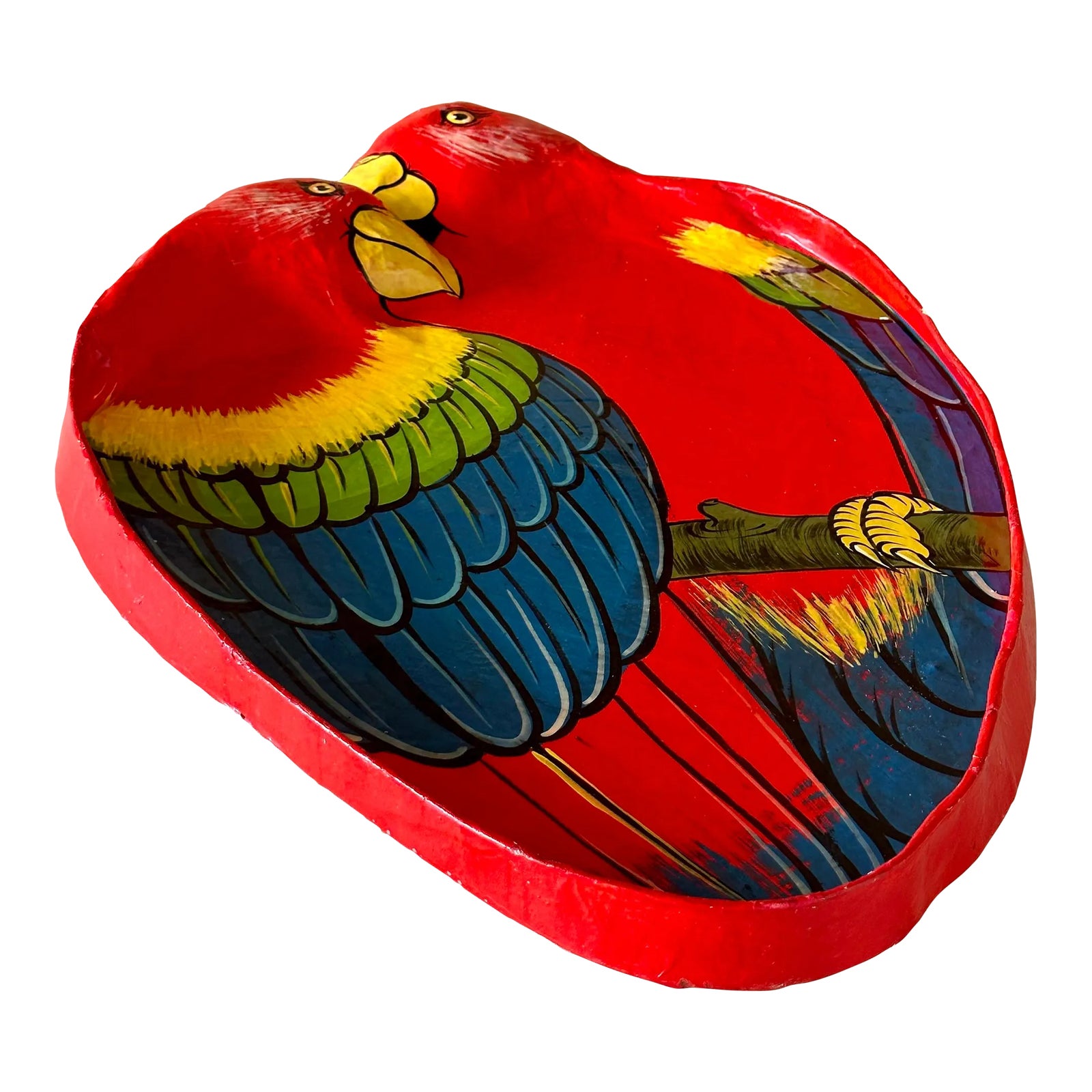 1980’s Tropical Coastal Hand Painted Paper Mache Parrot Tray | Chairish