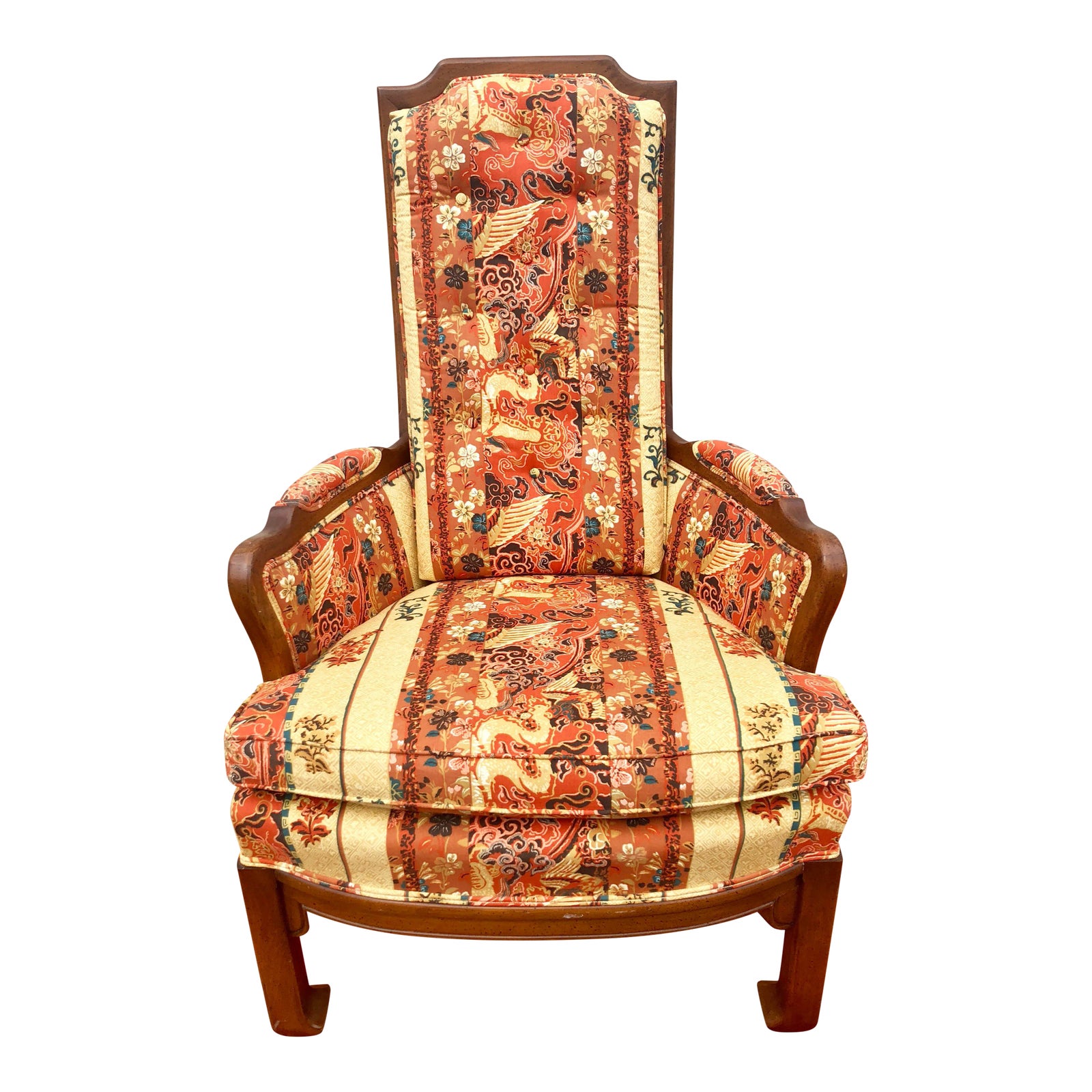 Mid-Century Modern Red Asian Chinoiserie Upholstered Arm Chair | Chairish