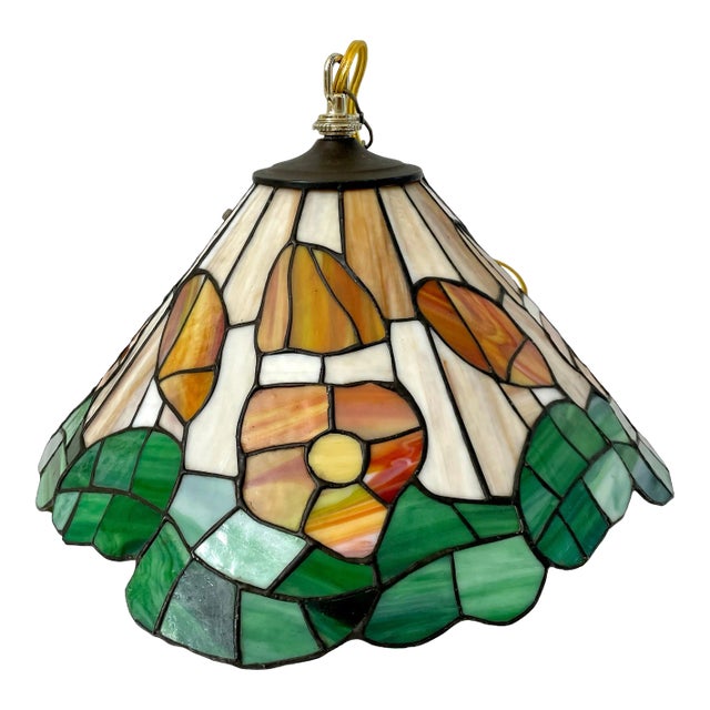 Mid Century Stained Glass, Pendant, Light With Orange, Green and Tan ...