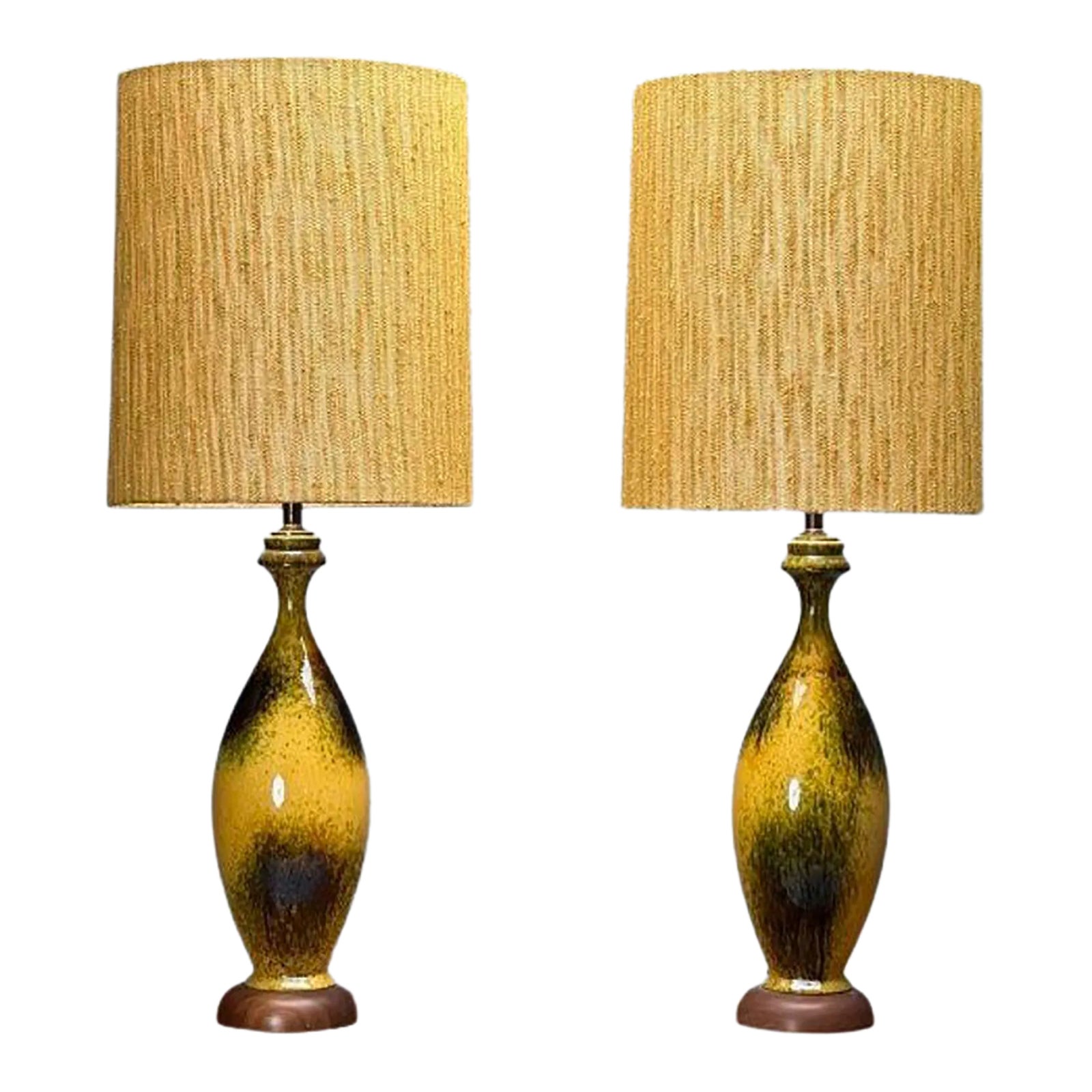 American Mid-Century Modern, Large Table Lamps, Glazed Ceramic, Yellow ...