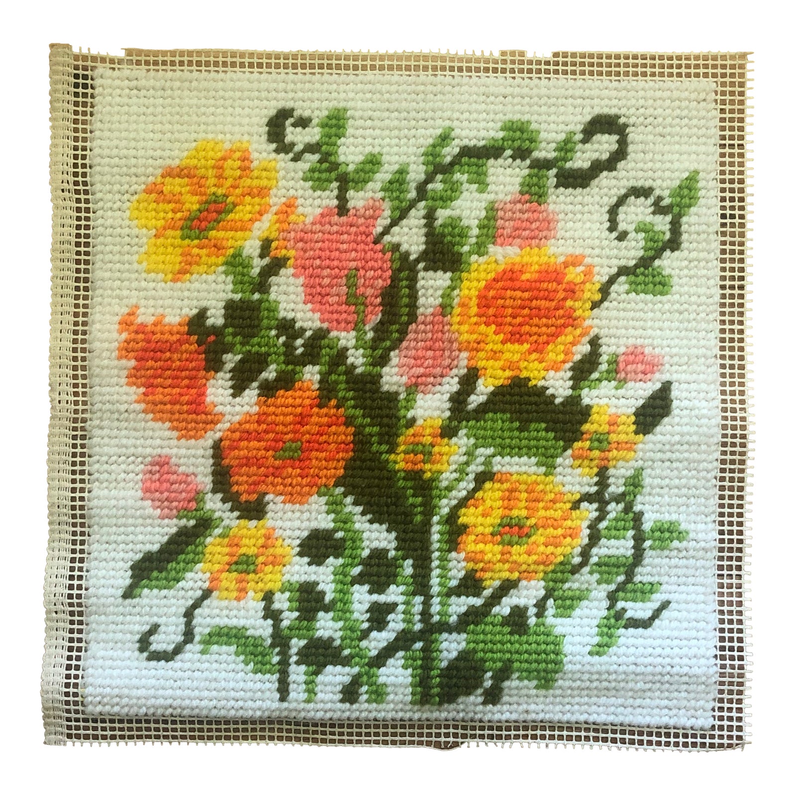 1970s Colorful Floral Finished Needlepoint Canvas | Chairish