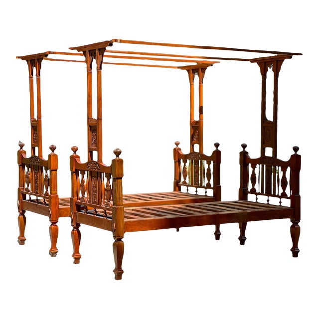 Pair Antique “ Raj” Canopy/Four Poster Indian Bed Frames | Chairish