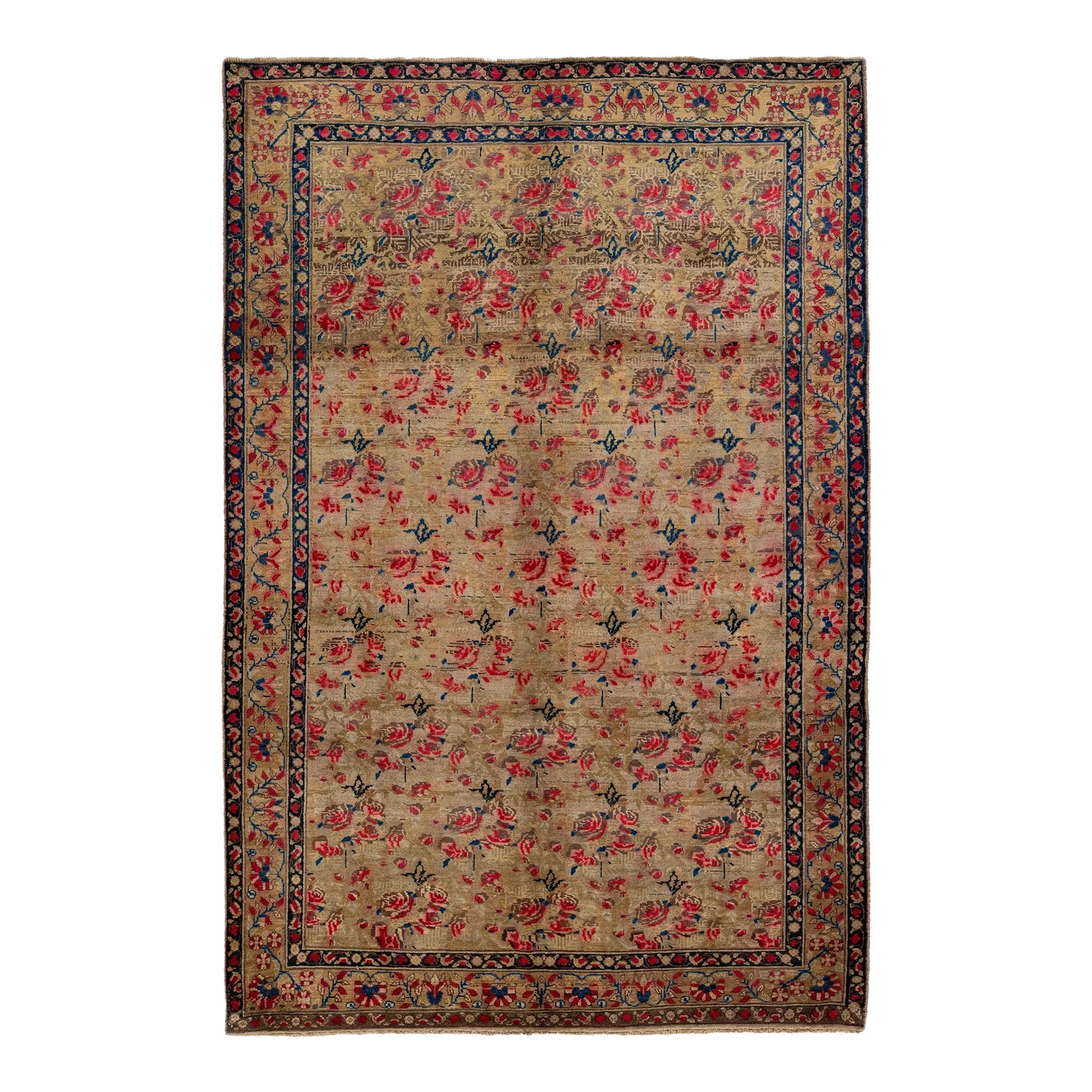 Antique Hamadan Brown Handmade Floral Motif Wool Rug | Chairish