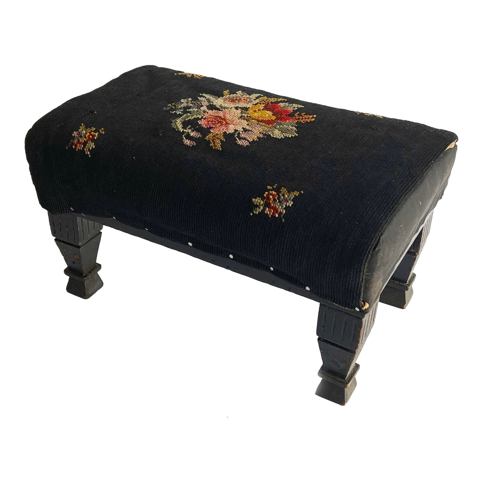 1920s Antique Needlepoint Footstool with Black Floral Embroidery | Chairish