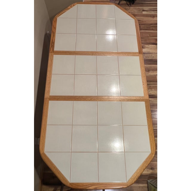 1990s Vintage Solid Oak Tile Top Extendable Table + 4 Chairs & Leaf ...